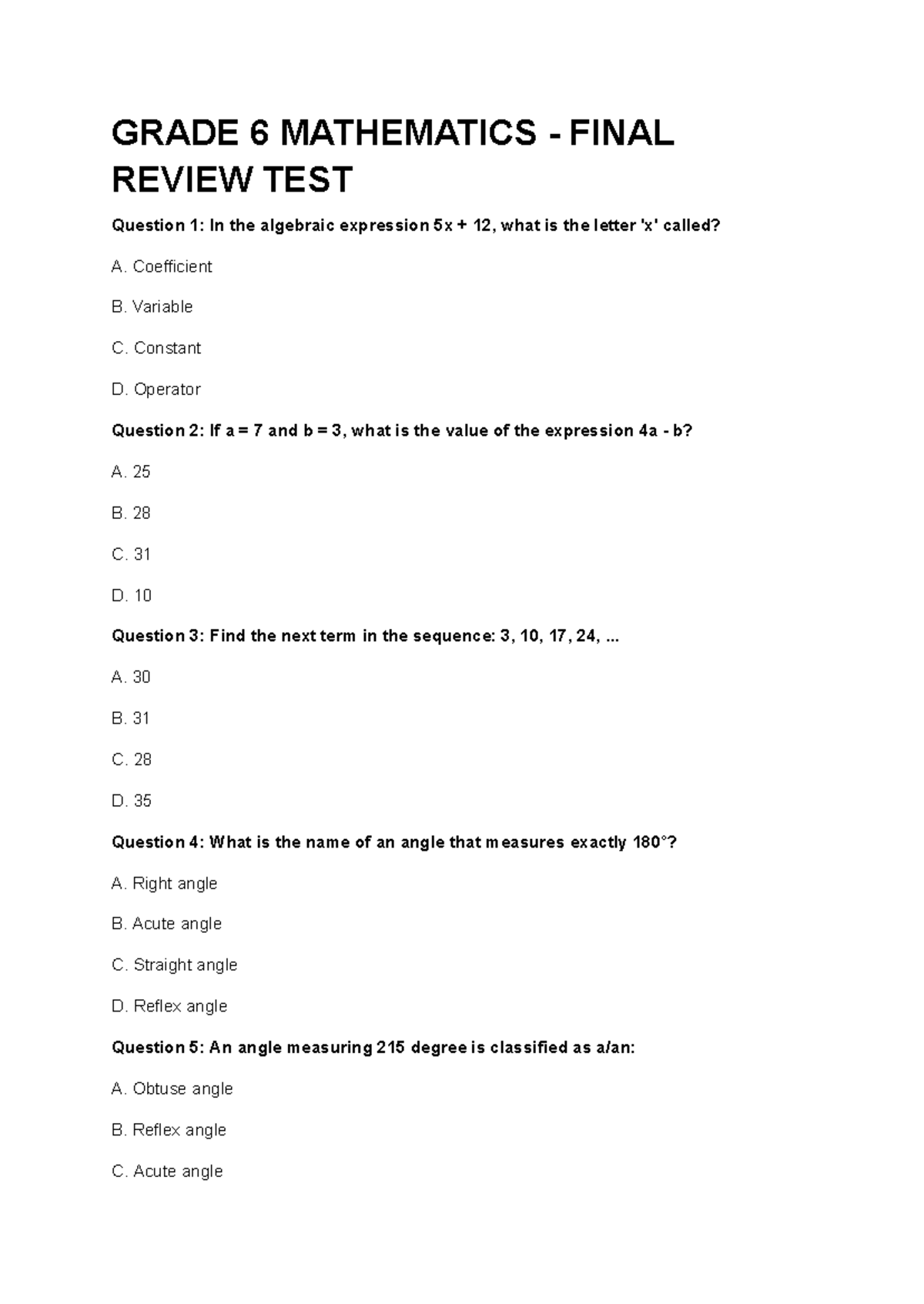 GRADE 6 MATHEMATICS FINAL REVIEW TEST - Studocu