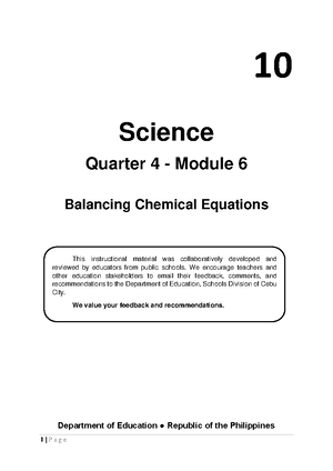 5 Q4 Science - 10 Science Quarter 4 - Module 5 Chemical Reactions ...