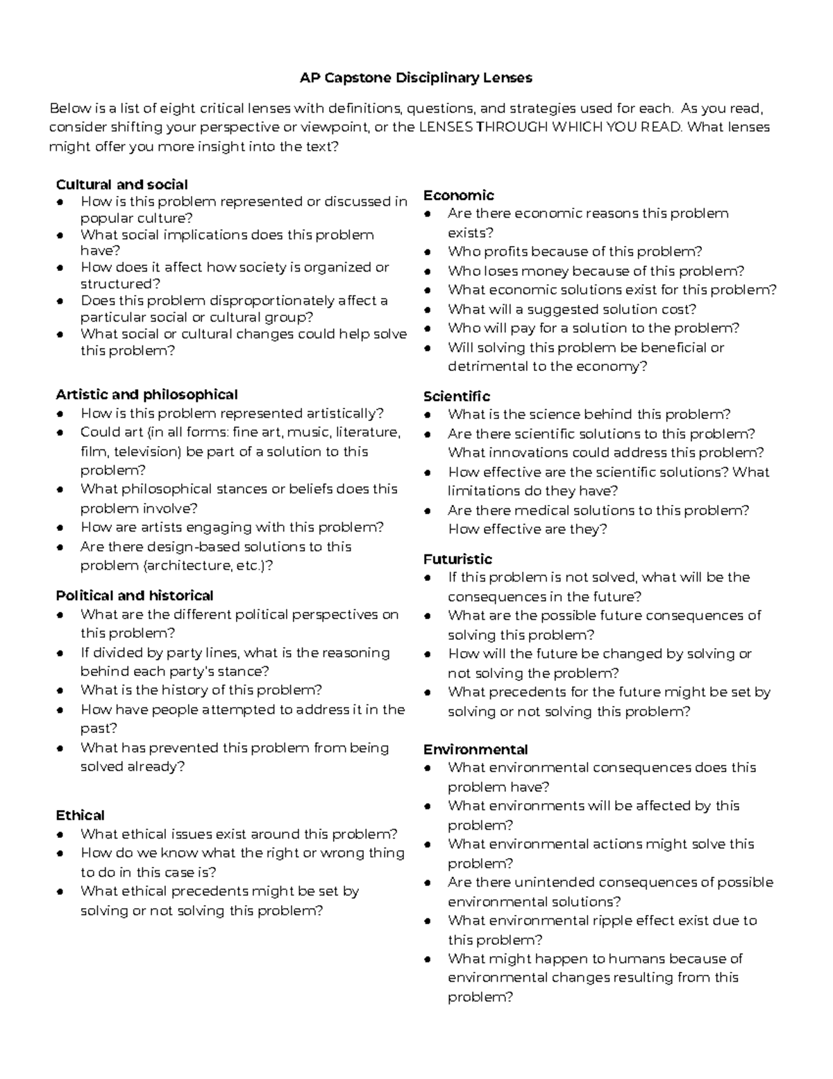 AP Capstone: Exploring Disciplinary Lenses for Critical Analysis - Studocu