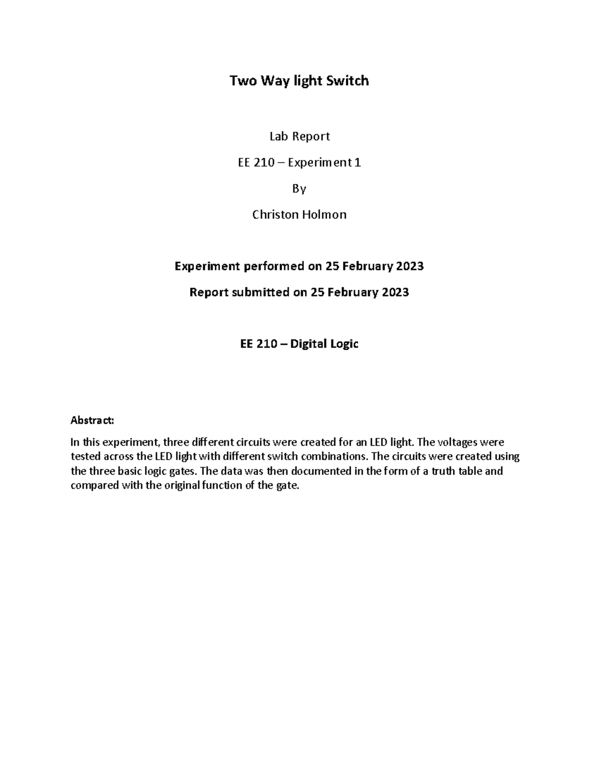 EE 210 Lab Report: Two Way Light Switch Experiment Analysis - Studocu