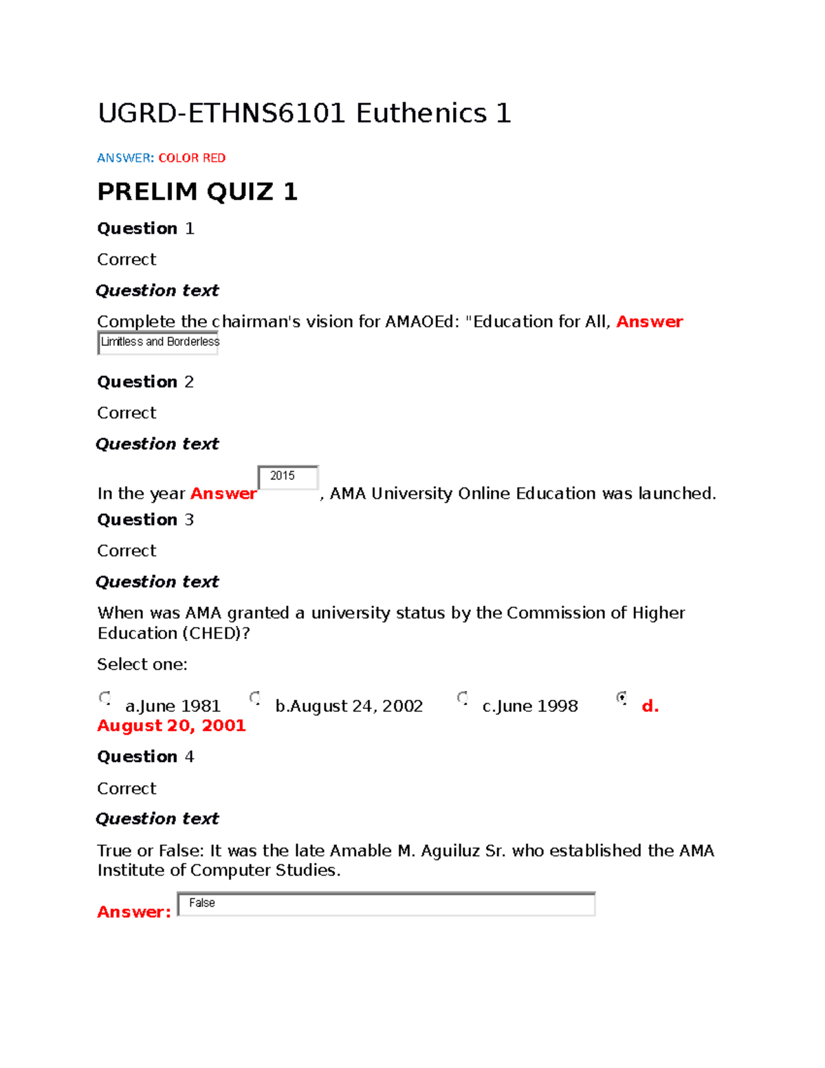 UGRD- Ethns 6101 Euthenics 1 Answer - UGRD-ETHNS6101 Euthenics 1 ANSWER: COLOR RED PRELIM QUIZ 1 ...