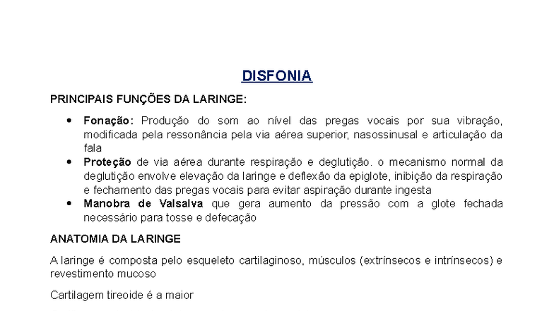Disfonia: Funções da Laringe e Causas - Resumo - Studocu
