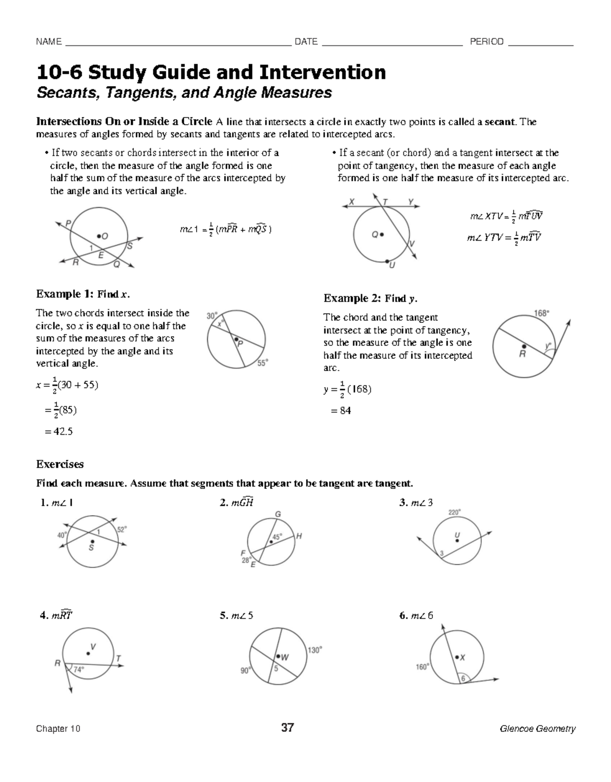 Geometry 10-6 Study Guide: Secants, Tangents & Angle Measures - Studocu