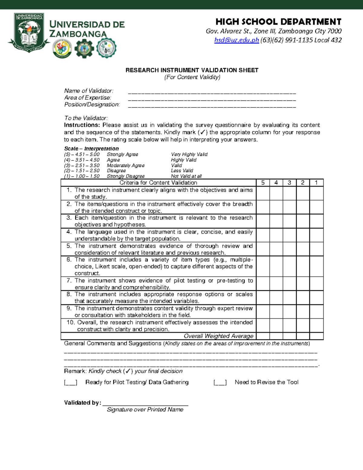 Research Instrument Validation Sheet for Content Validity Analysis ...