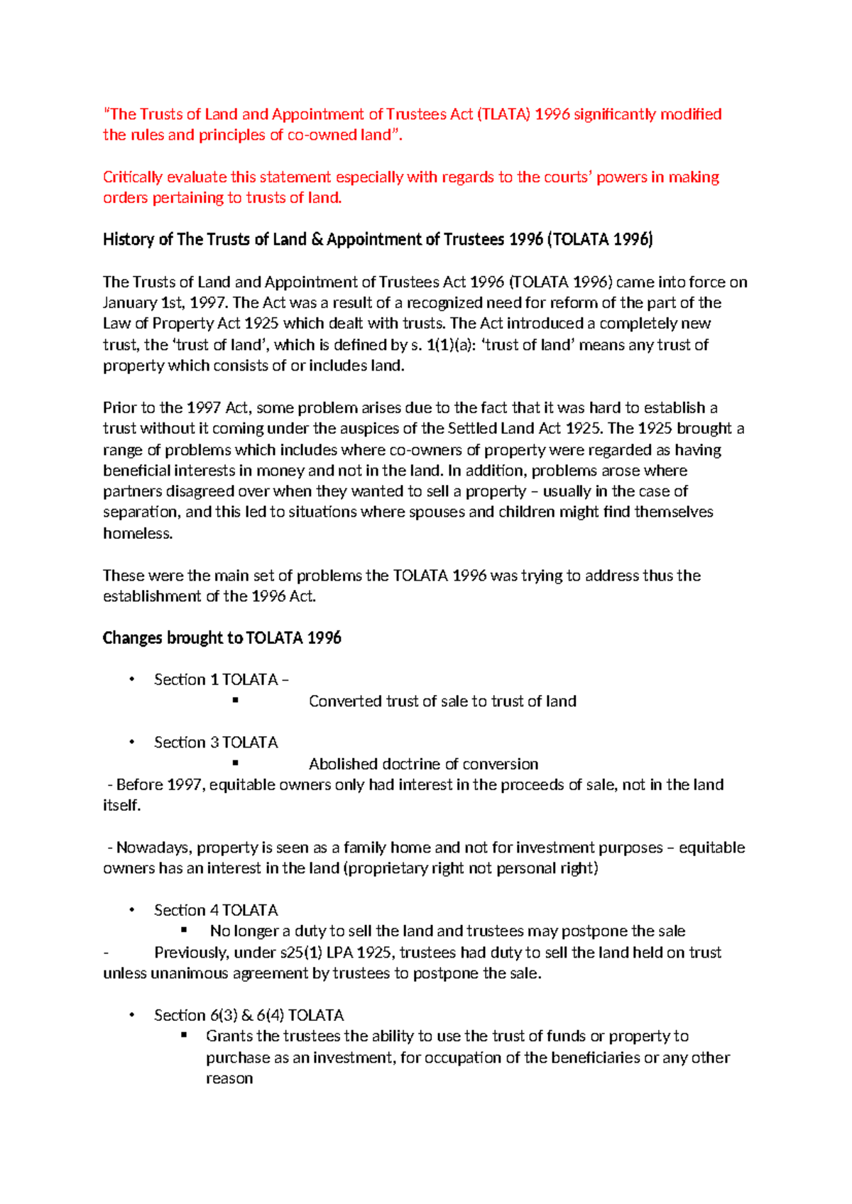 Tolata - “The Trusts of Land and Appointment of Trustees Act (TLATA ...