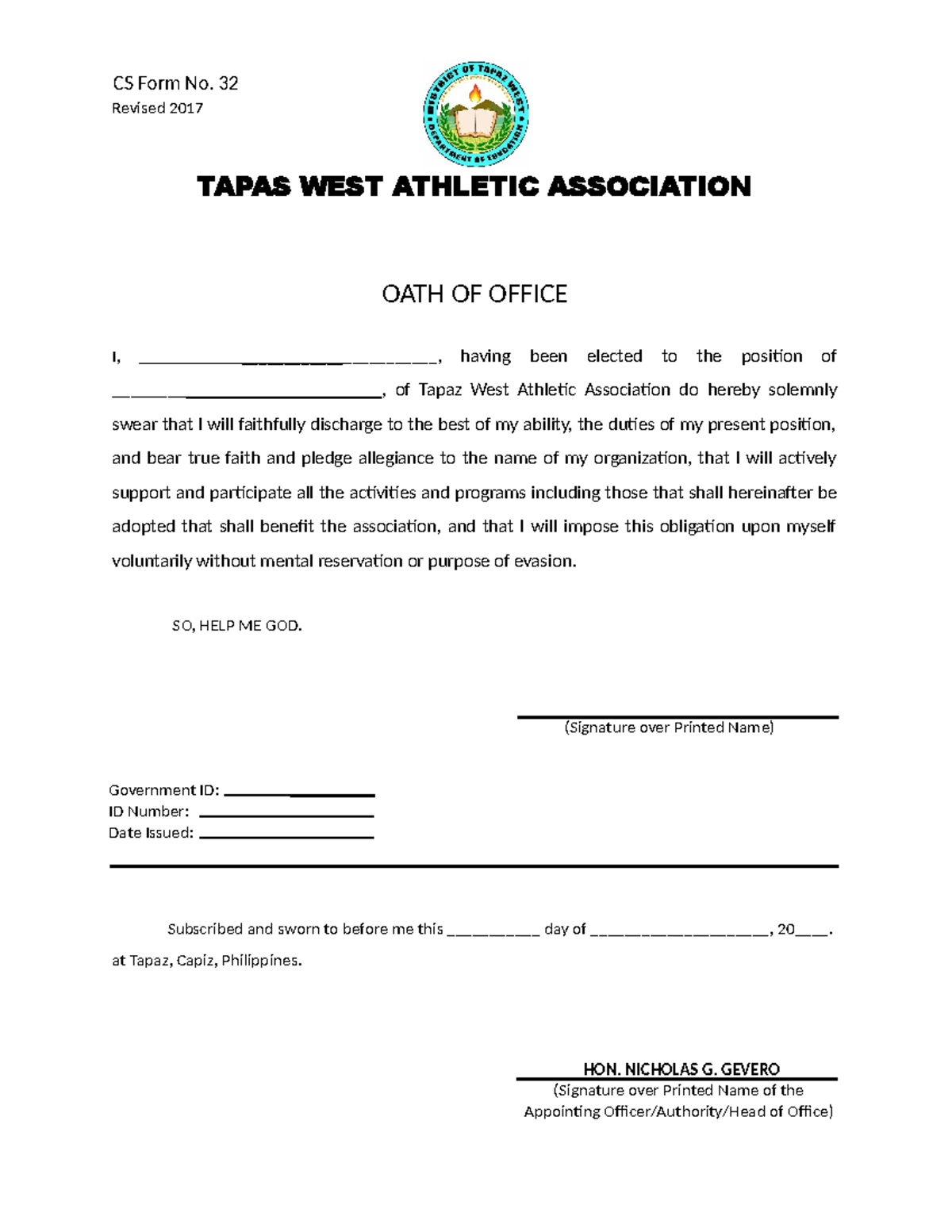 TWAA Oath of Office Form - CS Form No. 32 Revised 2017 - Studocu