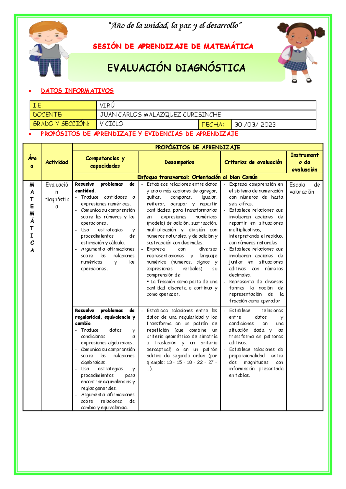 6°- Sesión DE Evaluación Diagnóstica DE Matemática - SESI”N DE APRENDIZAJE DE MATEM¡TICA • DATOS ...