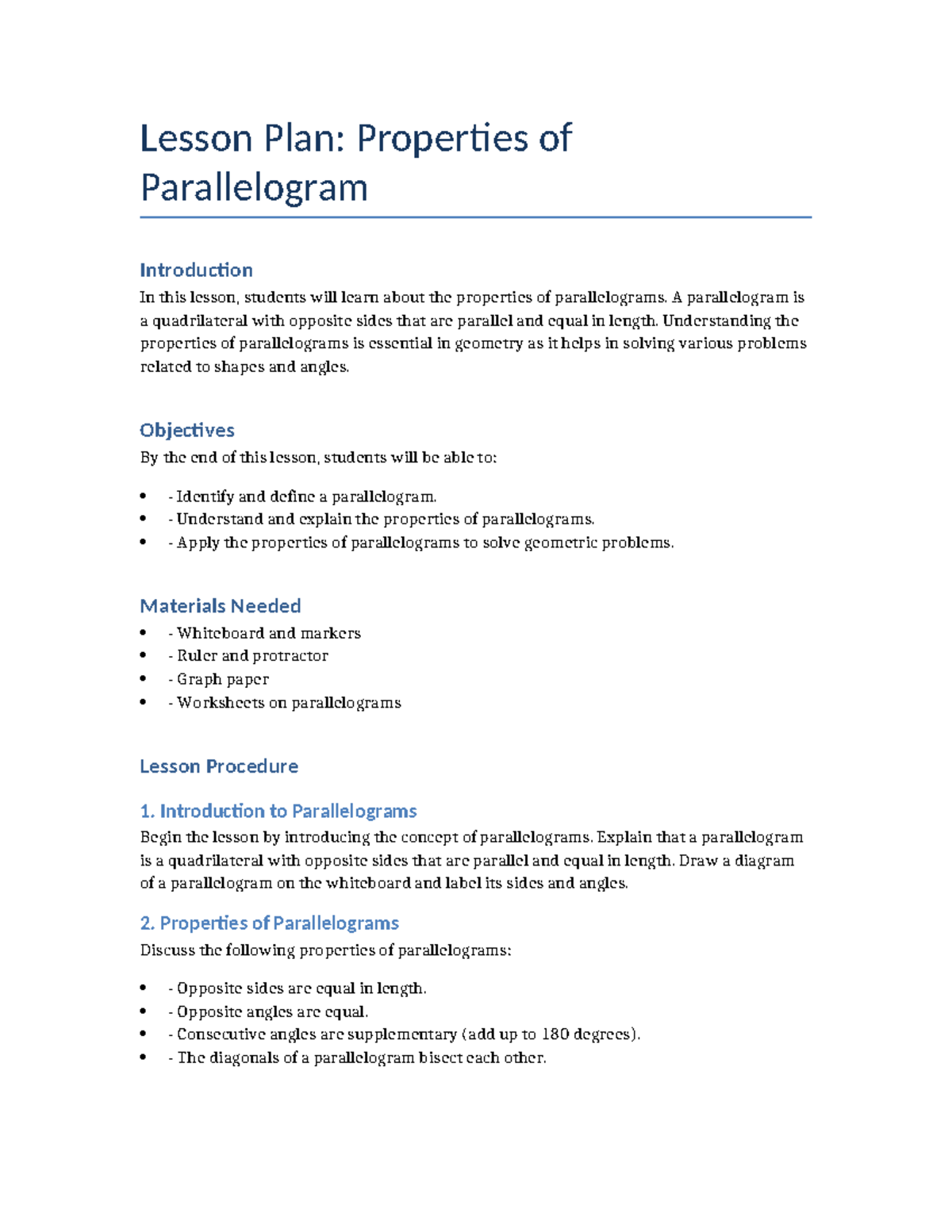 Lesson Plan: Properties of Parallelograms in Geometry - Studocu