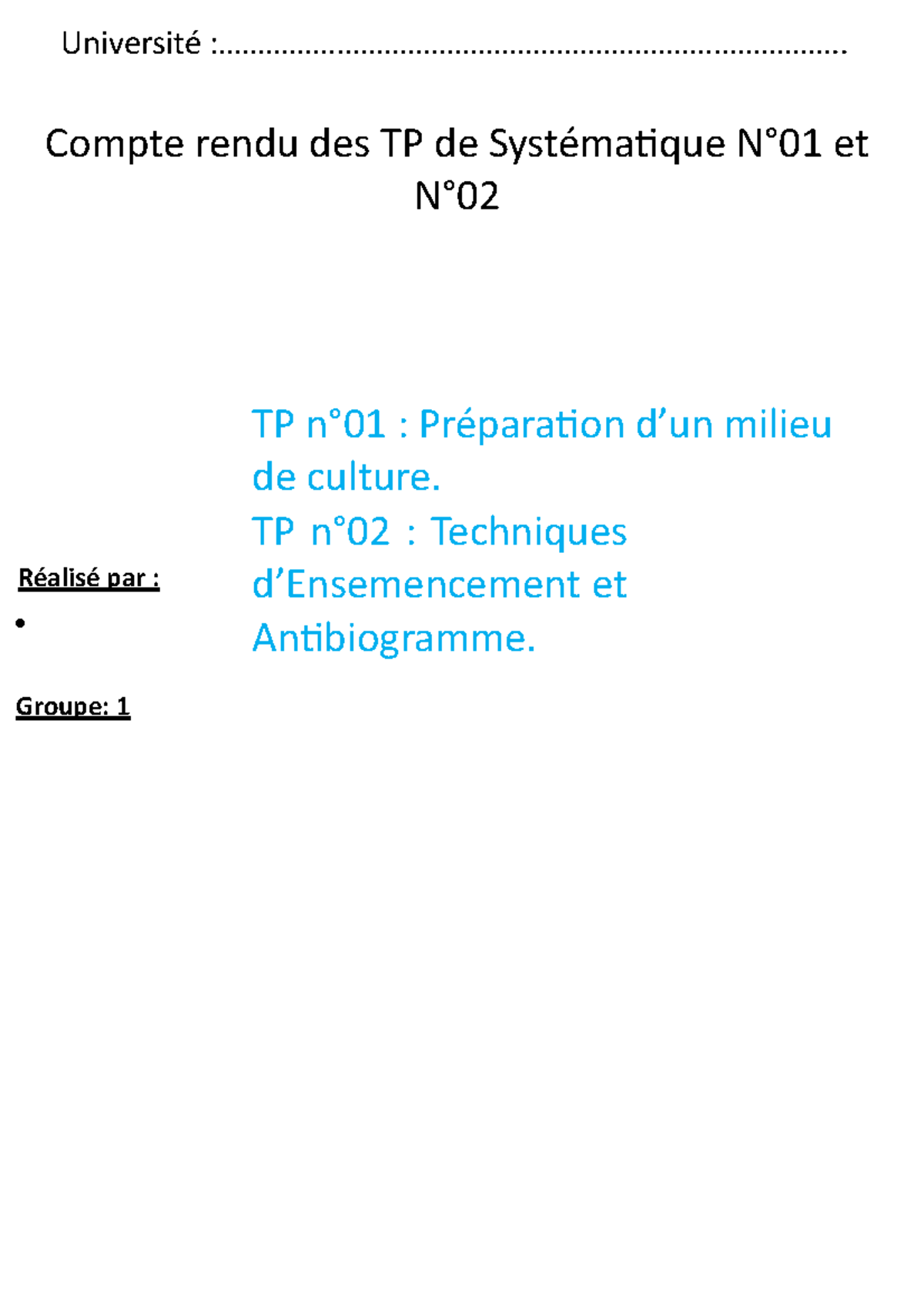 TP de Systématique N°01 : Milieu de Culture et Antibiogramme - Studocu
