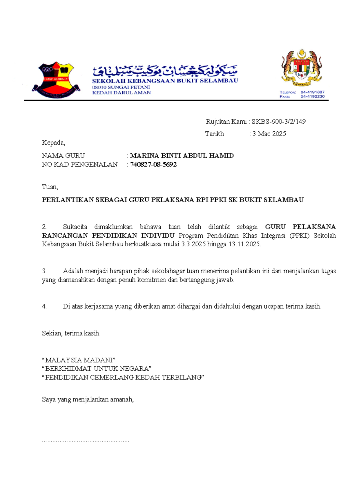 Surat Pelantikan GURU PELAKSANA RPI PPKI SK BUKIT SELAMBAU 2 - Studocu