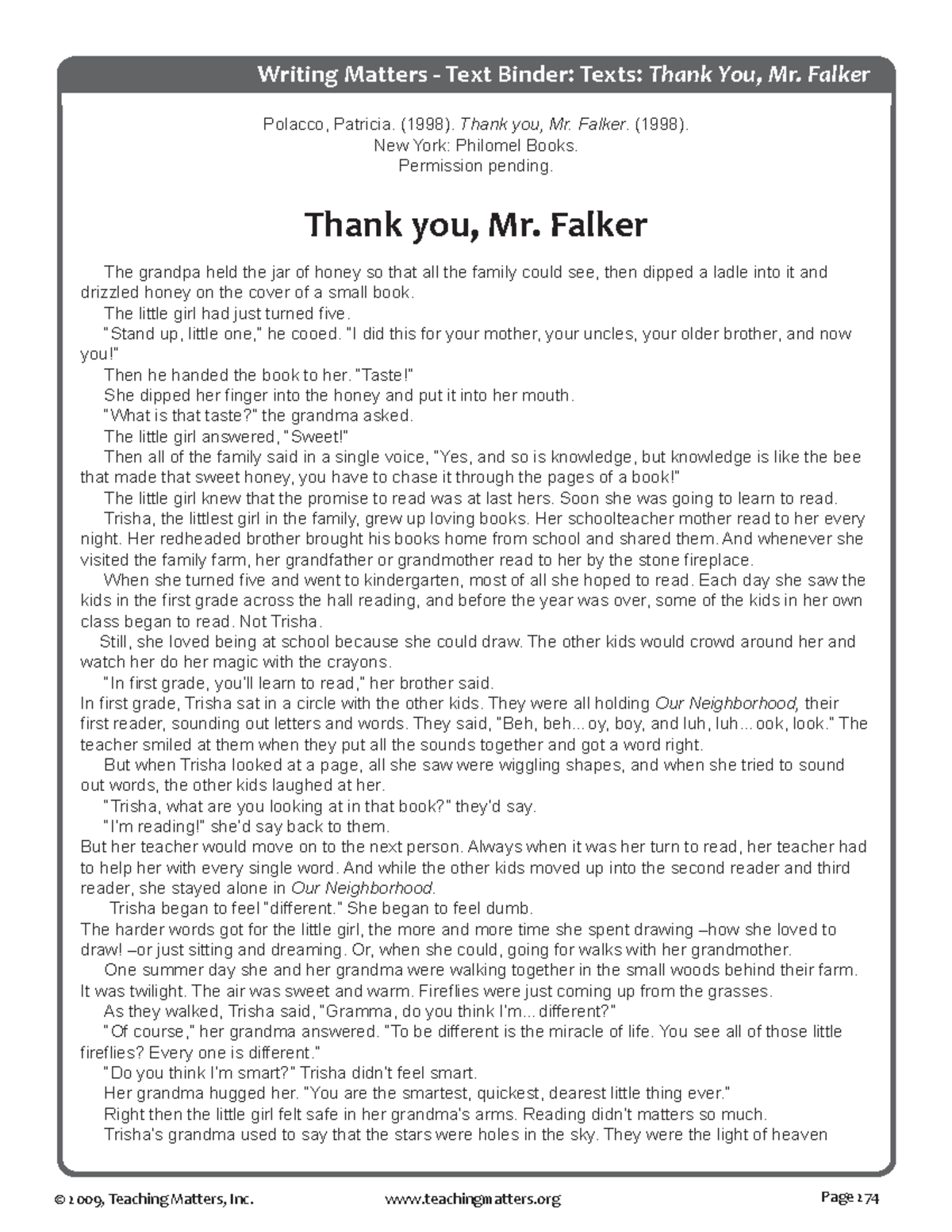 Thank You, Mr. Falker - Reading Lessons from Polacco's Story - Studocu