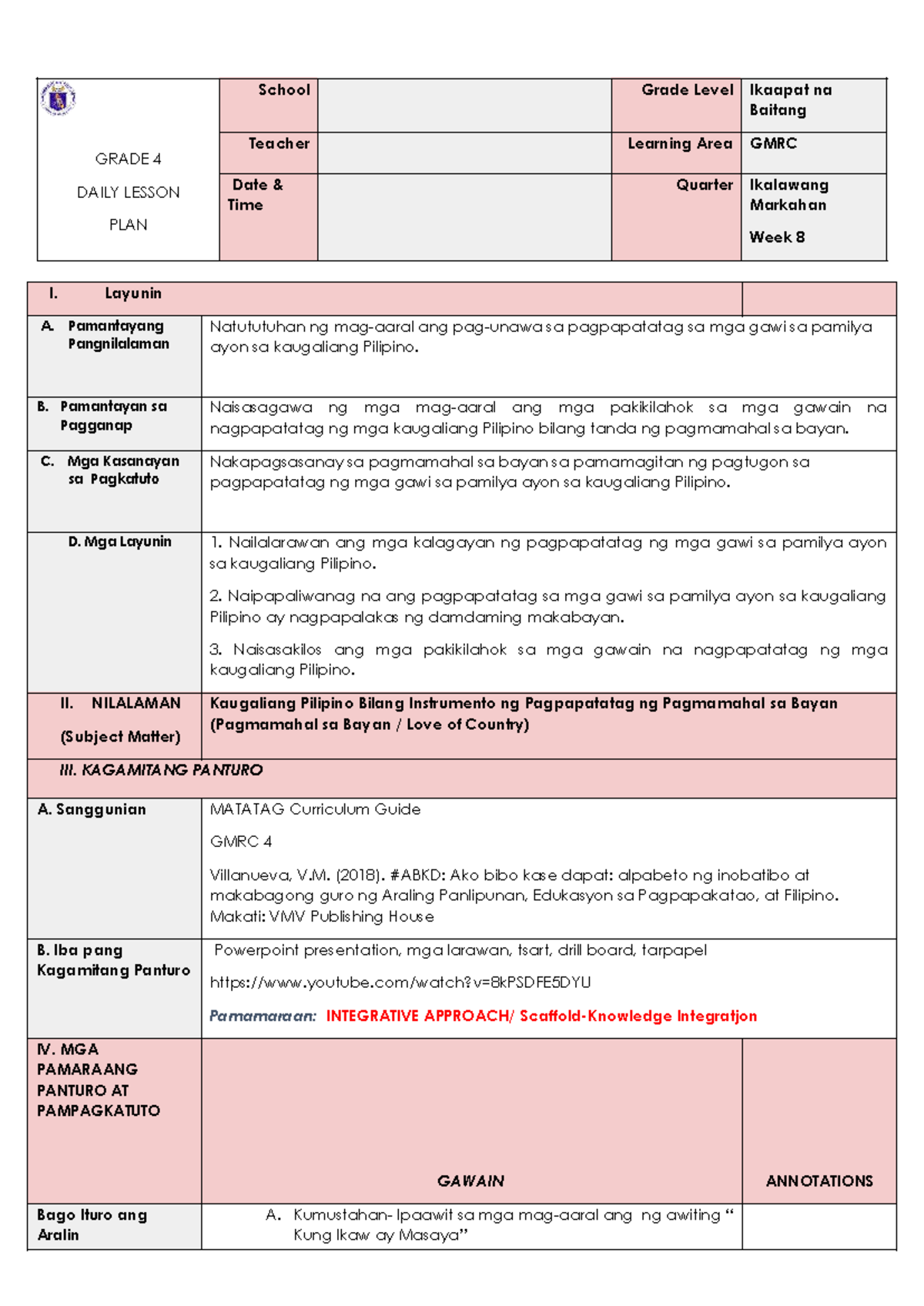 COT GMRC 4 Q2 W8 - Daily Lesson Plan on Filipino Values - Studocu