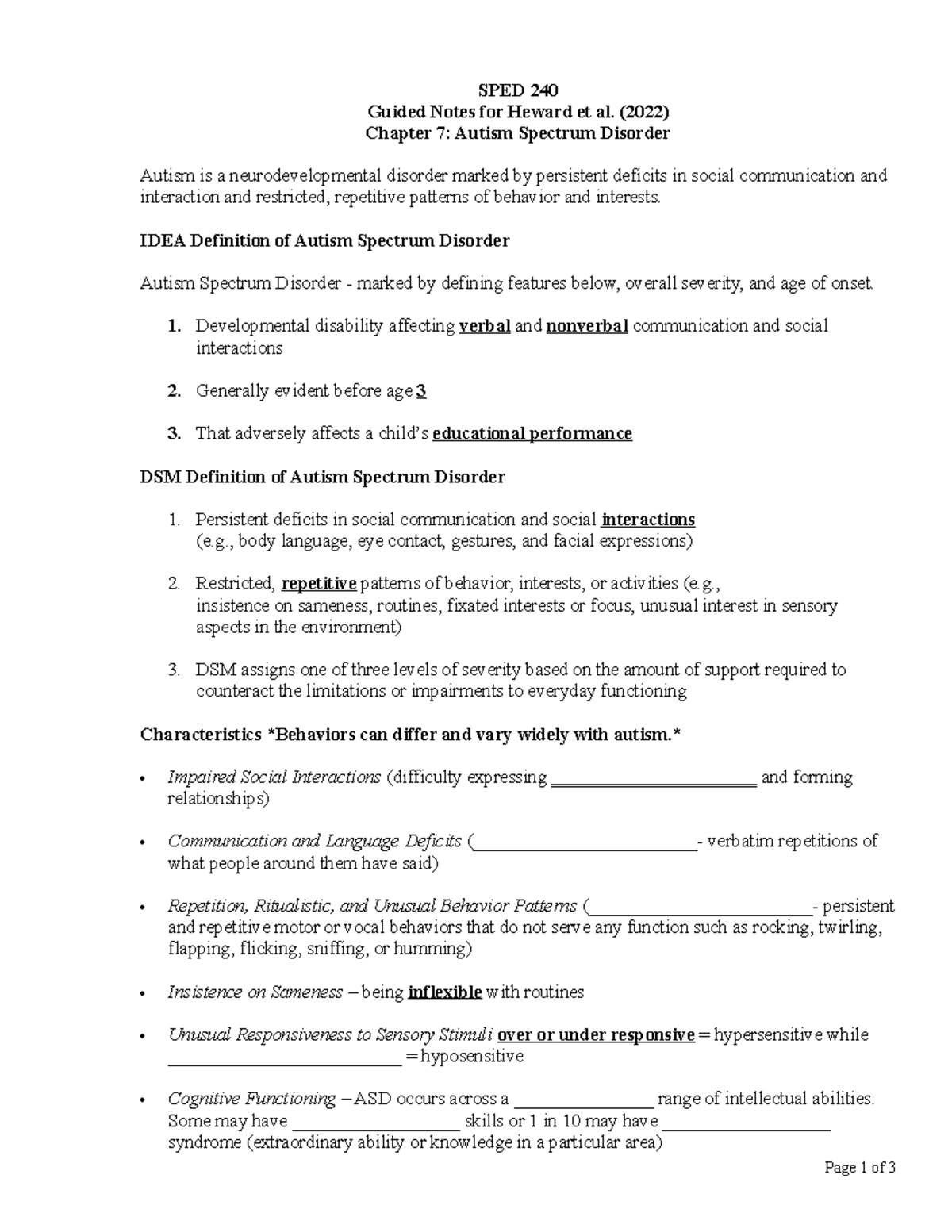 SPED 240 Chapter 7 Guided Notes: Autism Spectrum Disorder - Studocu