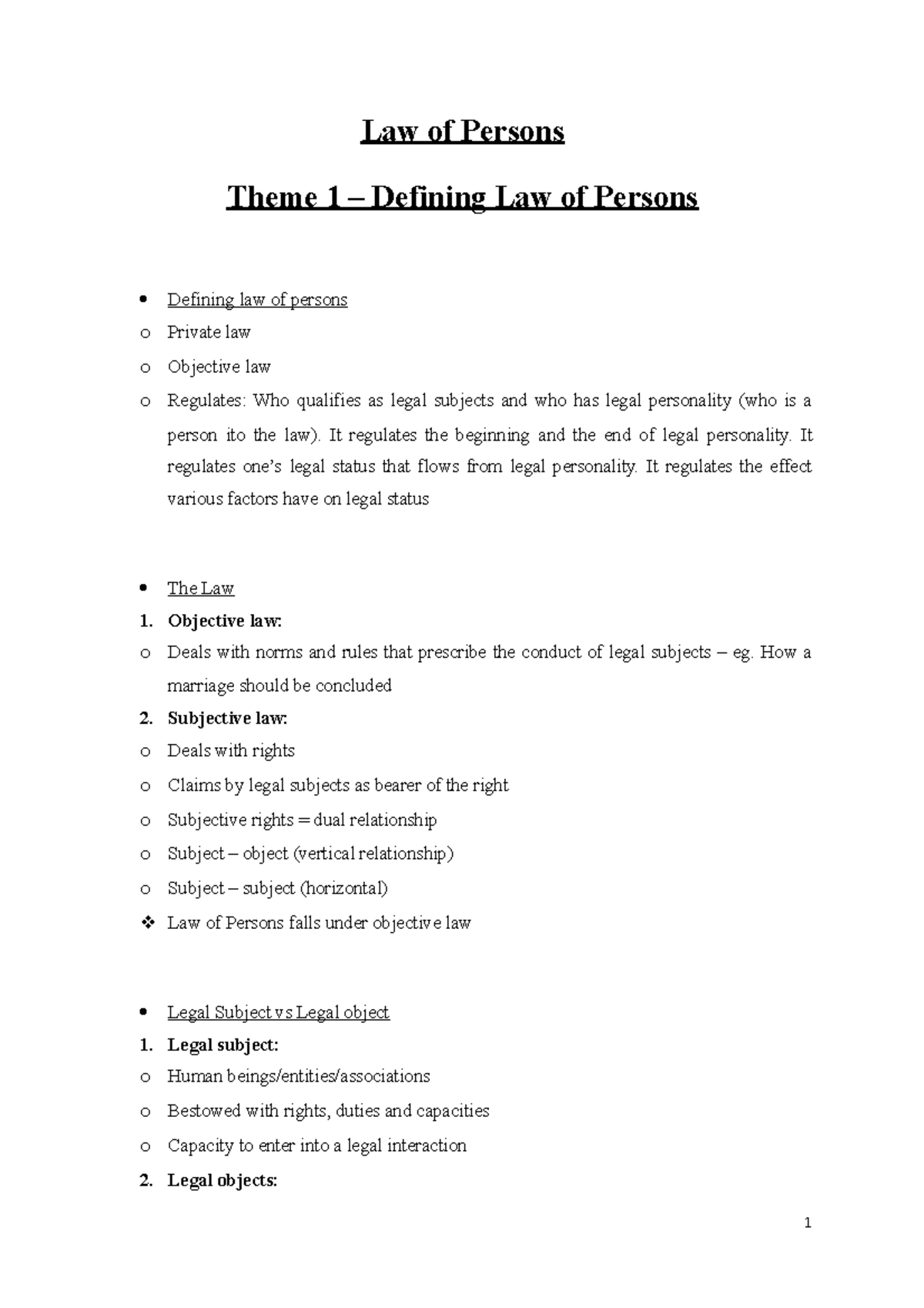 Law of Persons Summaries - Weeks 1-13 Final Exam Notes - Studocu
