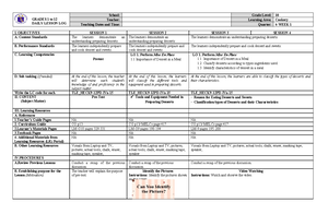 DLL-Q1-9 Cookery - Lesson Log for Cleaning and Sanitizing Standards ...