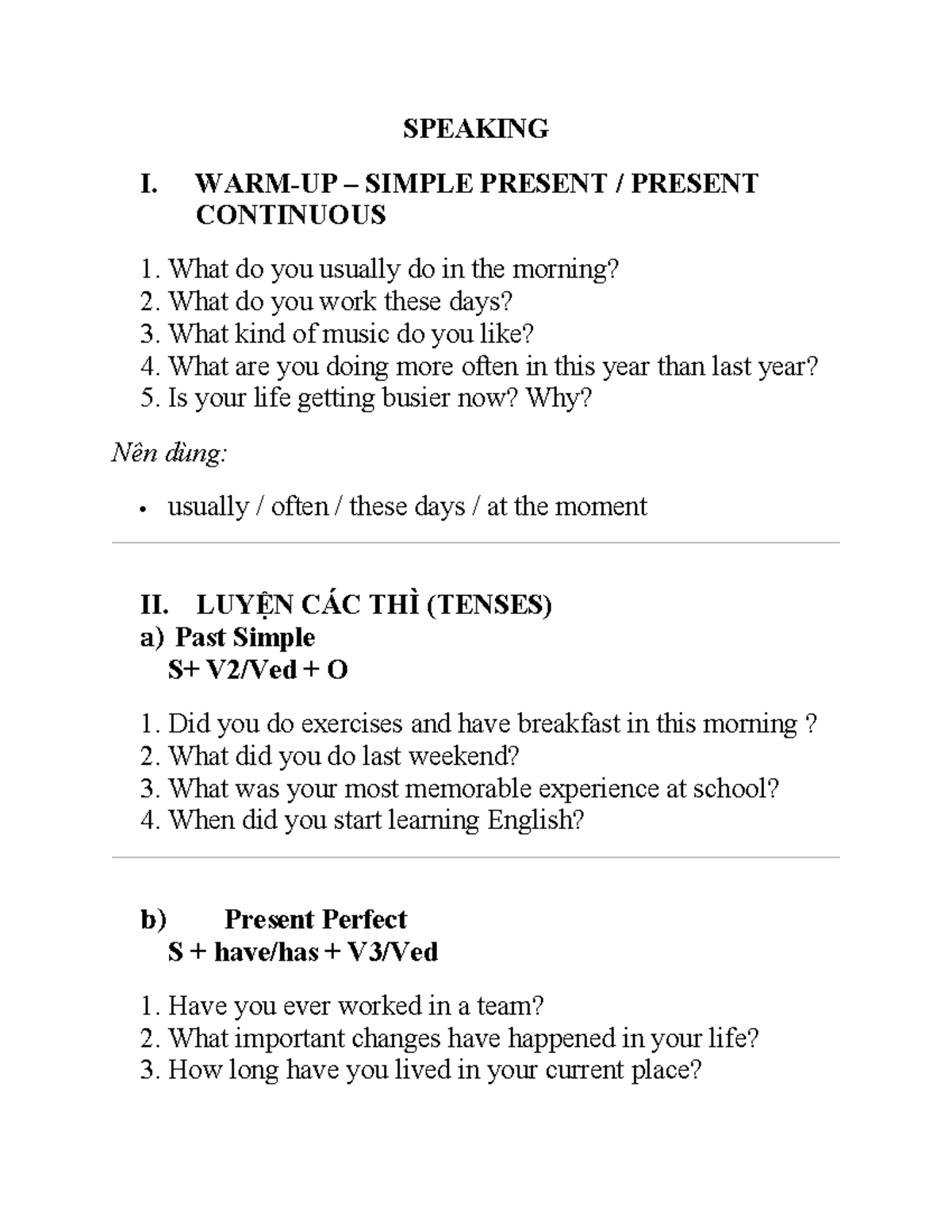SPEAKING I: Simple Present & Continuous Practice (ENG 101) - Studocu