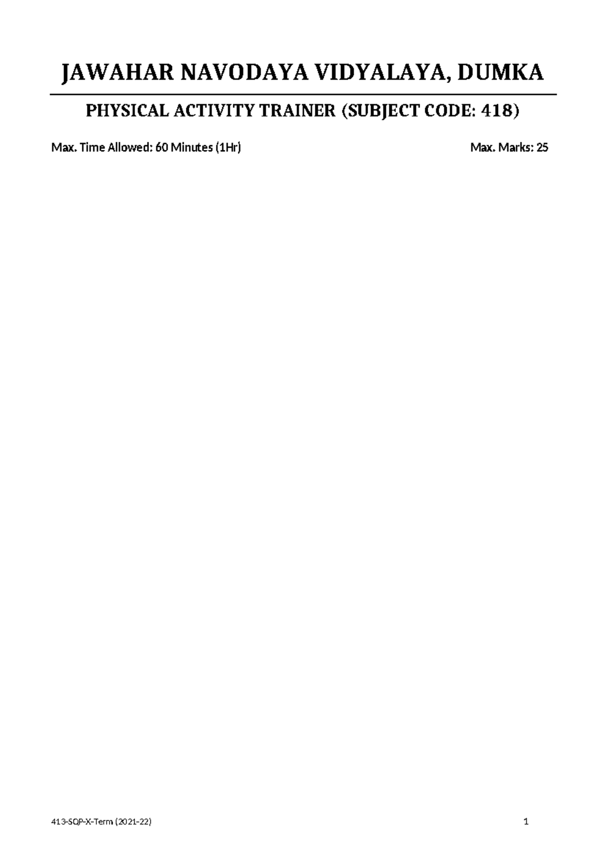 418 Physical Activity Trainer Exam Paper - JNV Dumka - Studocu