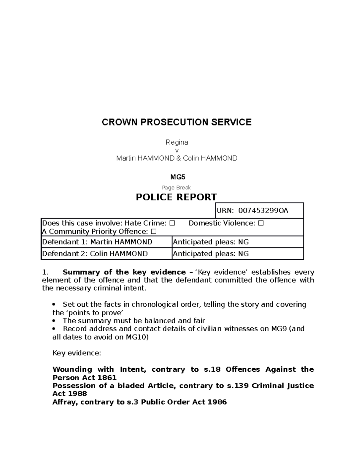 MG5 Police Report: Regina v Martin & Colin Hammond Case Summary - Studocu