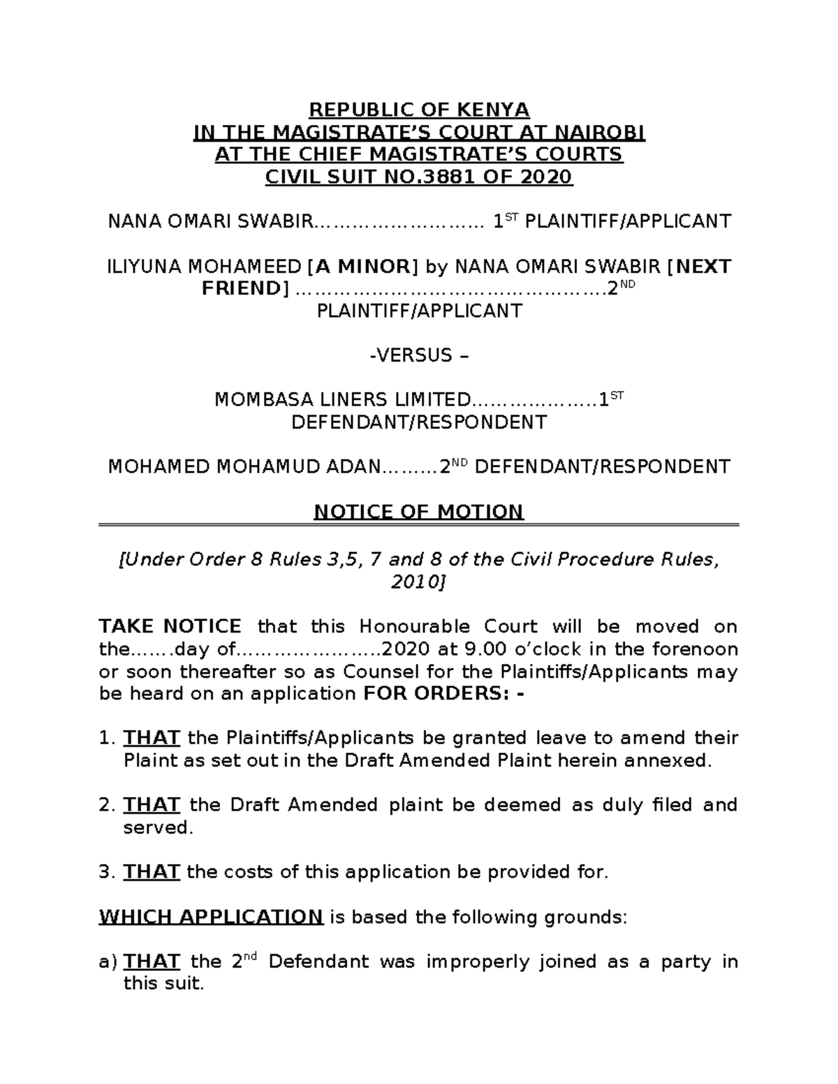 Amendment of Plaint Application - Civil Suit No. 3881 of 2020 - Studocu
