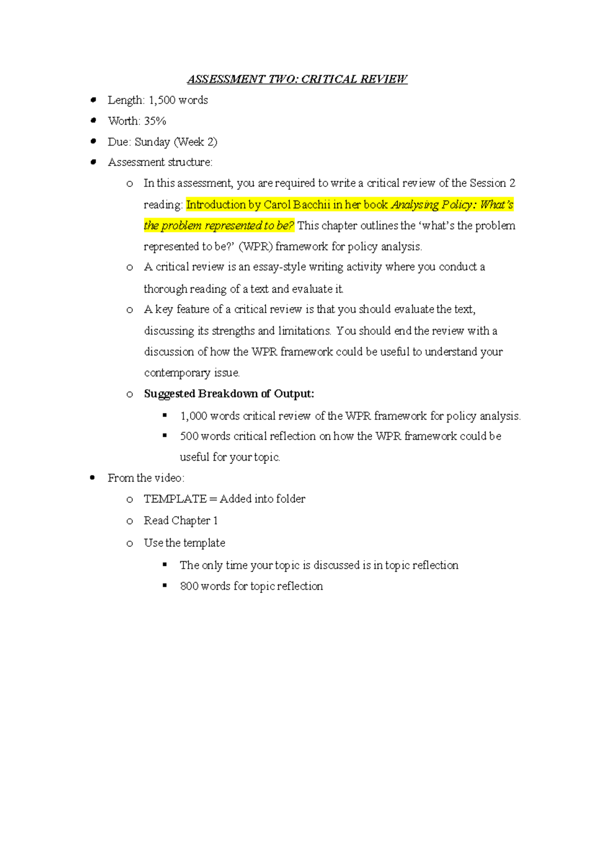 ASSESSMENT TWO: CRITICAL REVIEW OF WPR FRAMEWORK - Studocu