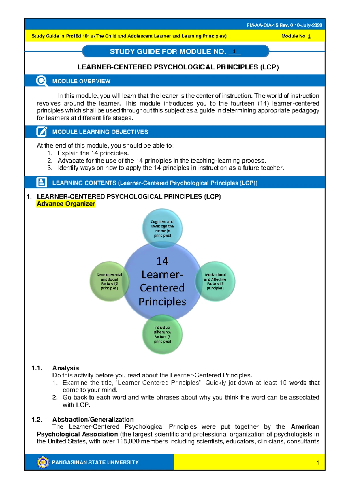 Learner Centered Psych Principles - 1 CHAPTER I: INTRODUCTION Unit 1 - LEARNER-CENTERED - Studocu