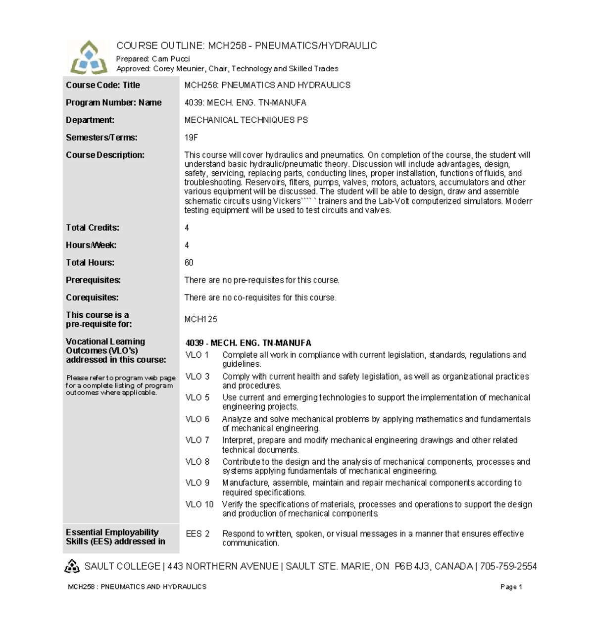 MCH258 Course Outline: Pneumatics and Hydraulics Overview - Studocu