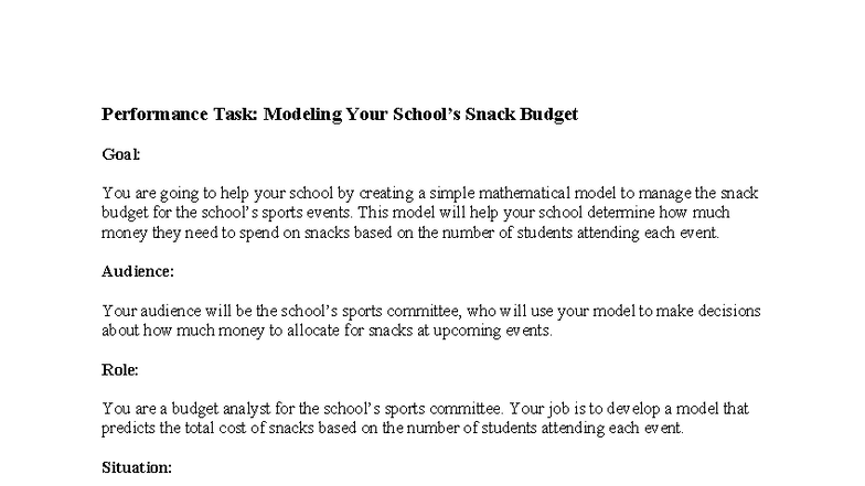 Gen Math 11 Performance Task: Snack Budget Model Development - Studocu