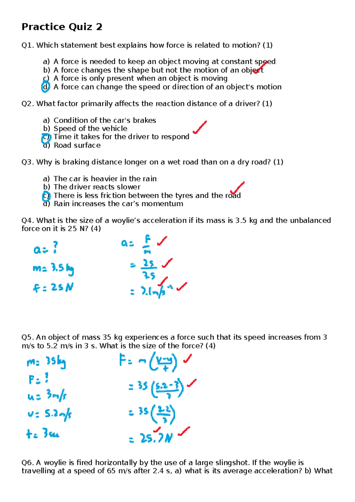 Practice Quiz 2: Force and Motion Concepts Answers - Studocu