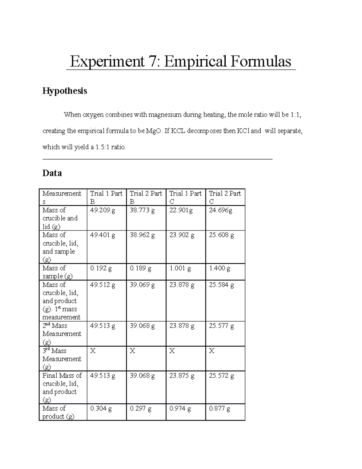 Experiment 7 Lab Report (final) - Experiment 7: Empirical Formulas Hypothesis When oxygen ...