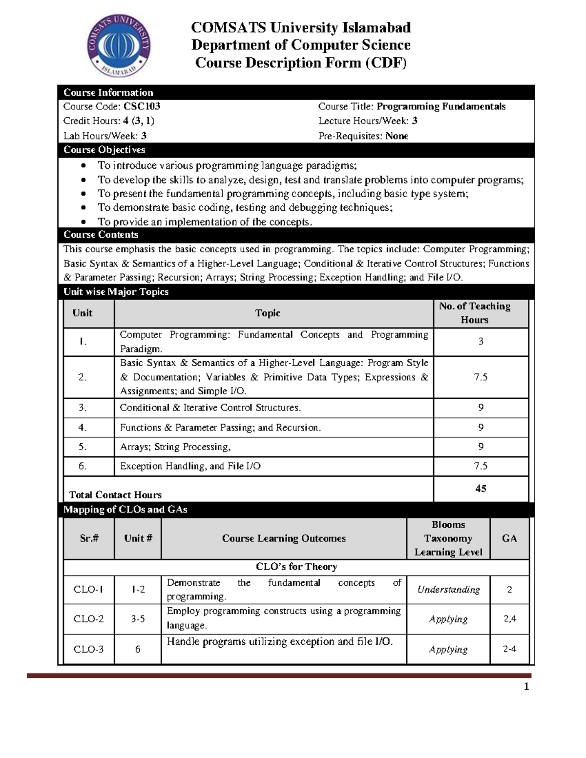 CSC103 Programming Fundamentals Course Description Form (CDF) - Studocu