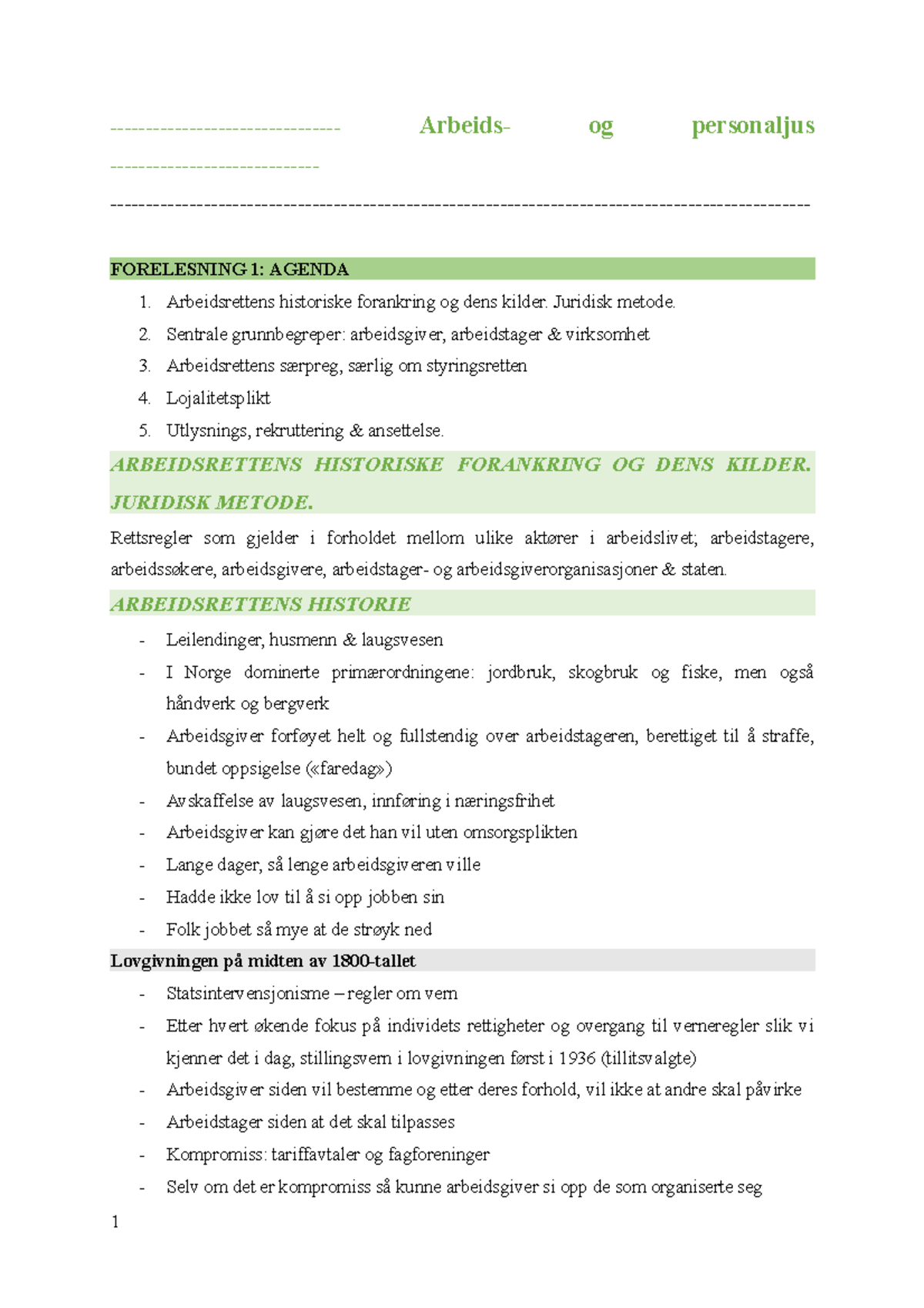 Arbeids- og personaljus: Forelesning 1 Notater til Juridisk Metode - Studocu