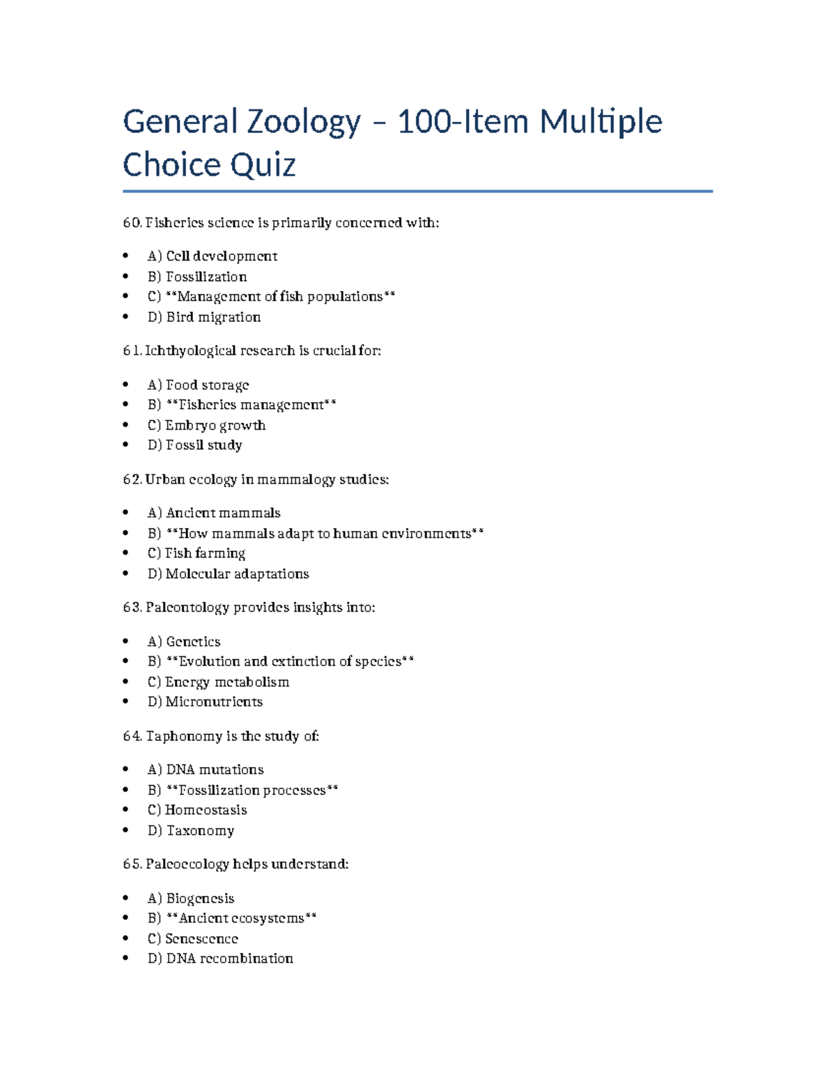 General Zoology 100-Item Multiple Choice Quiz - Studocu
