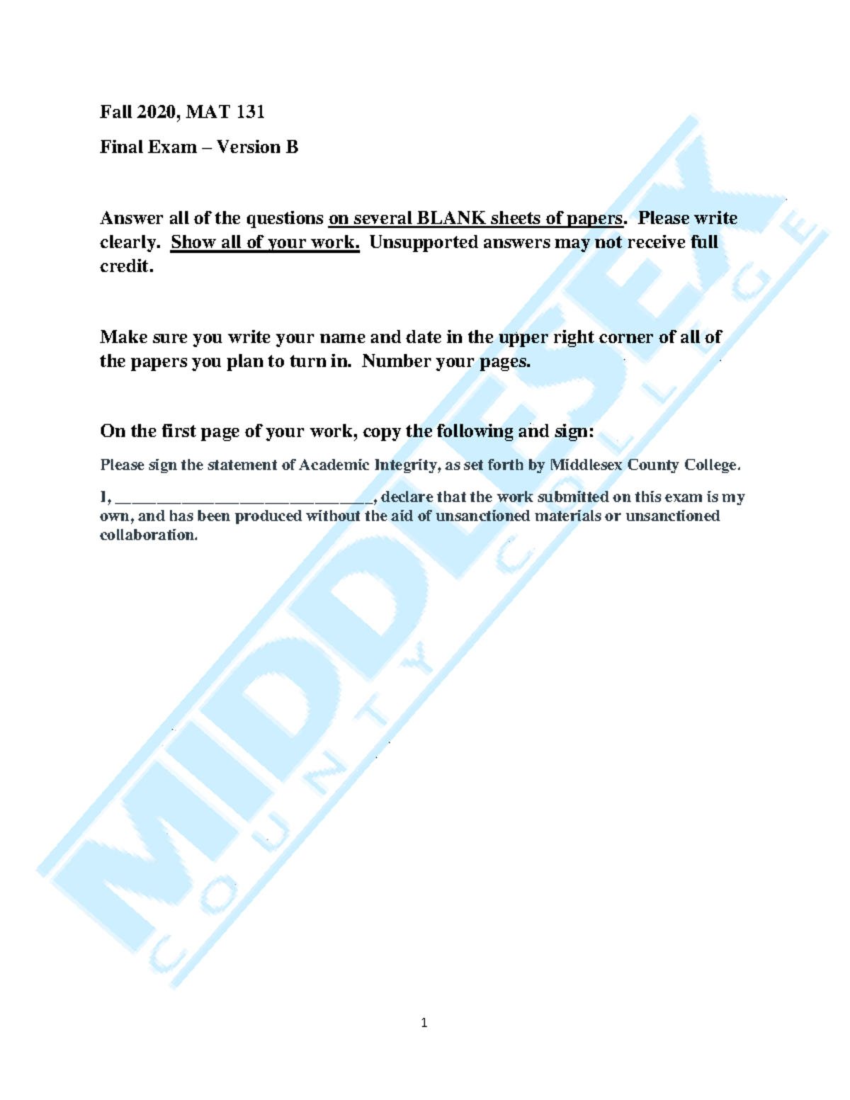 MAT 131 Final Exam - Version B: Comprehensive Guide for Fall 2020 - Studocu