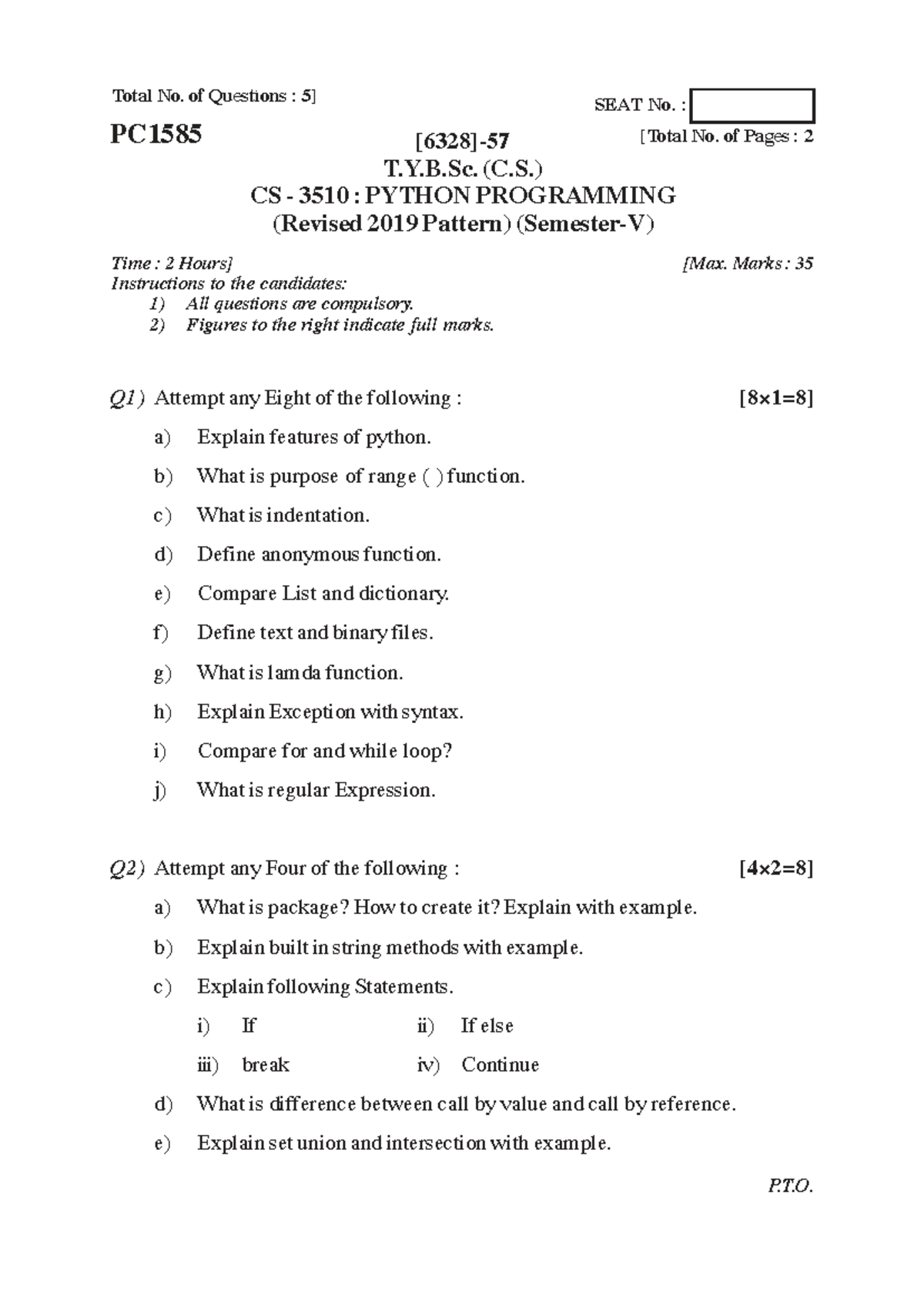 TYB.Sc. CS 3510: Python Programming Question Paper - Nov 2024 - Studocu