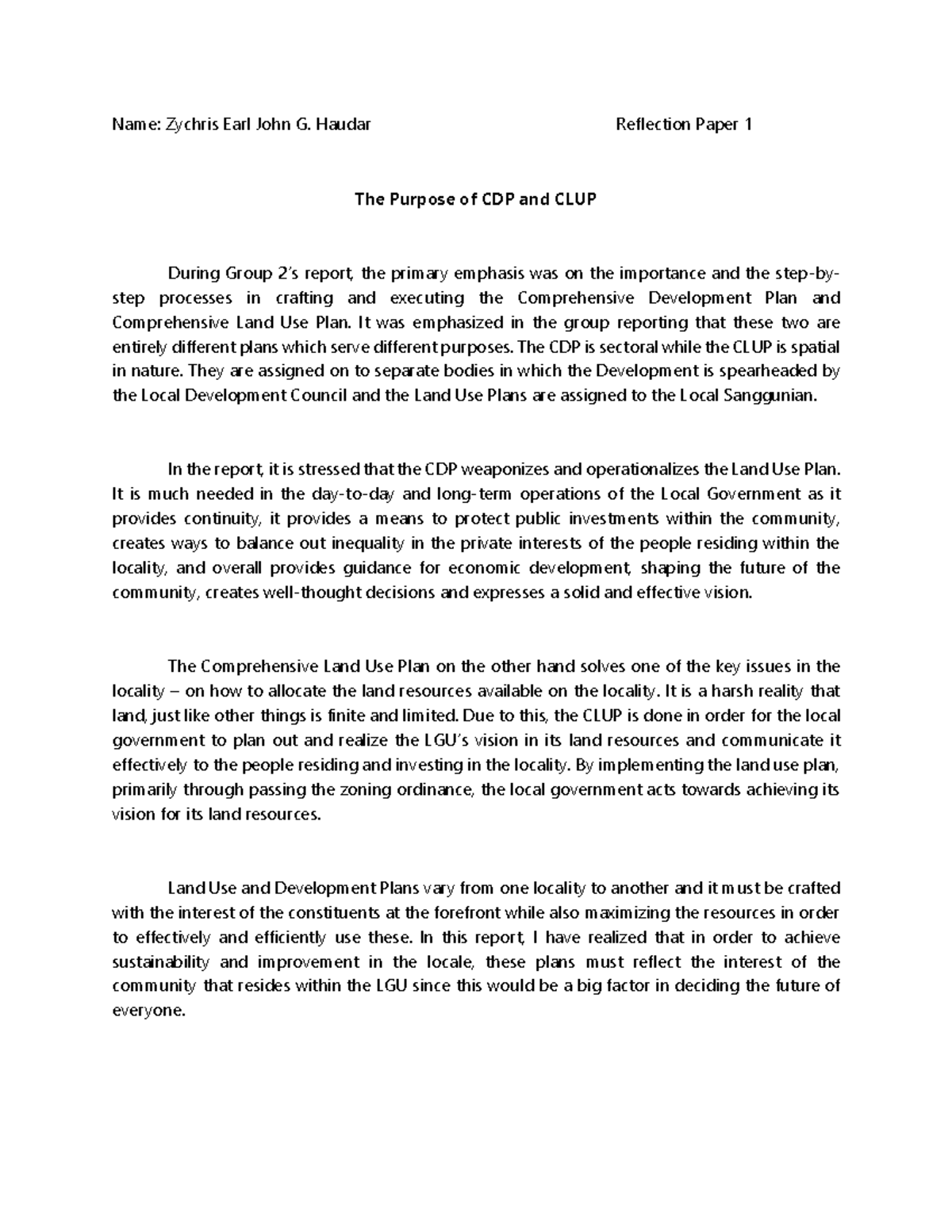 Reflection Paper on CDP and CLUP: Insights and Importance - Studocu