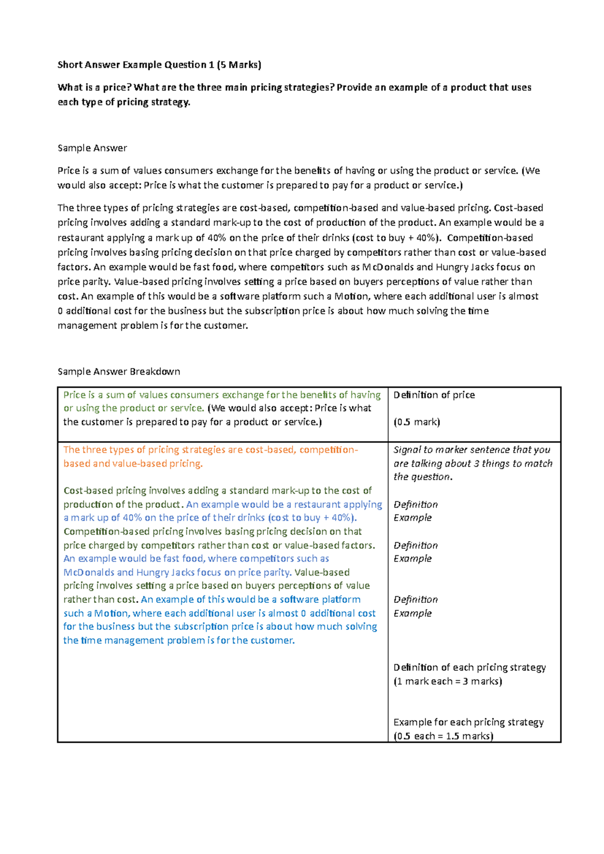 Short Answer Example 1: Pricing Strategies Explained (5 Marks) - Studocu