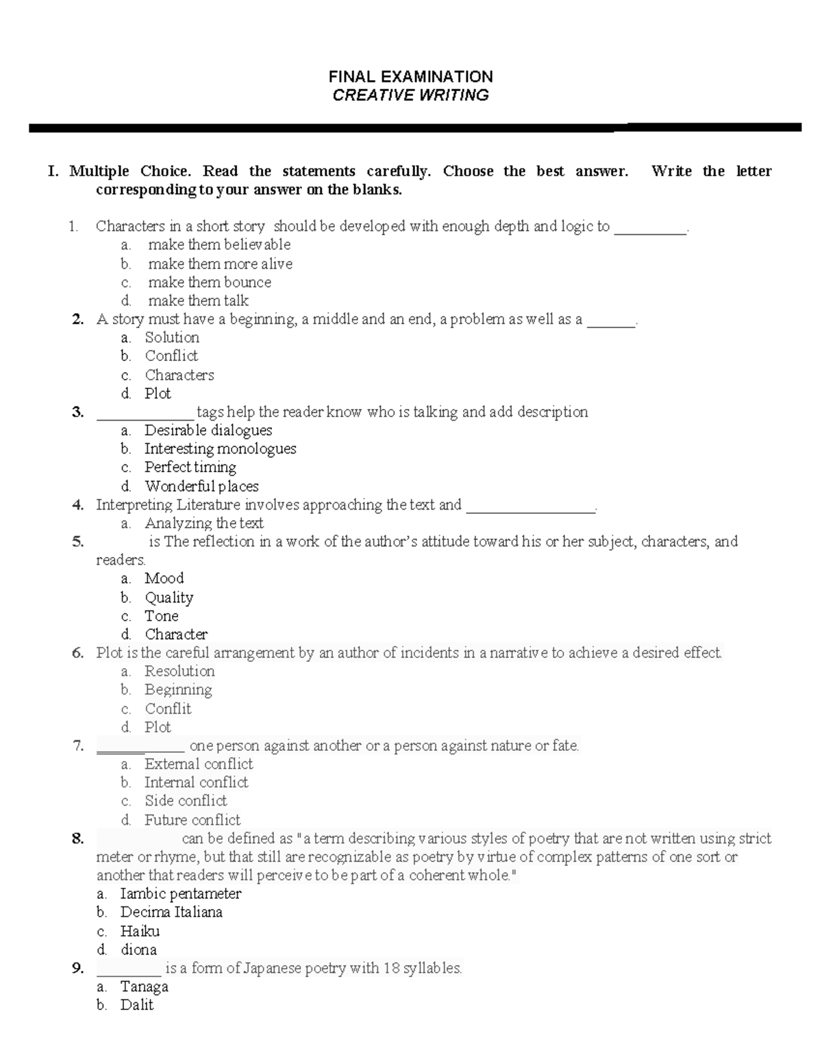 421345340 Creative Writing Final Exam Review and Analysis - Studocu