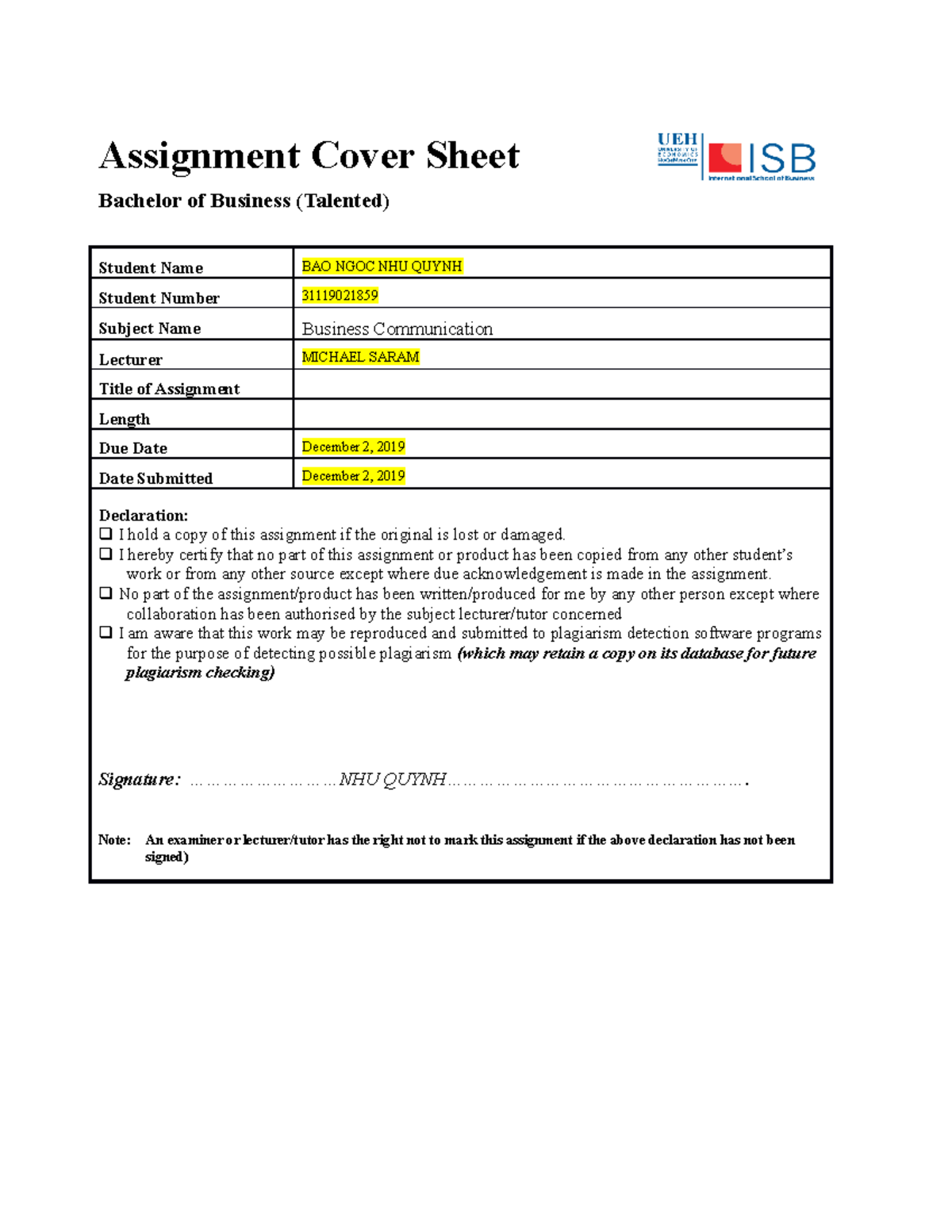 LP6 31191021859 Business Communication Assignment Cover Sheet - Studocu