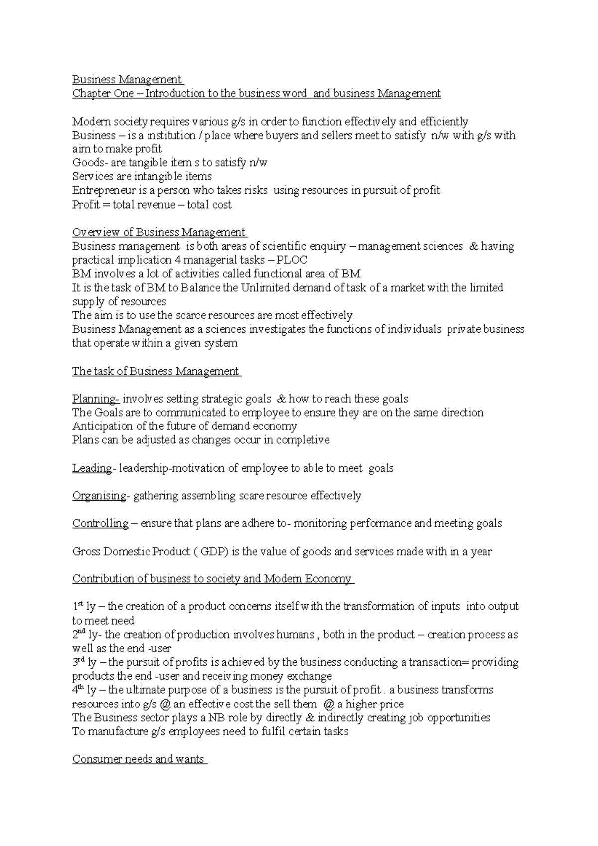 Business Management ch 1-2 - Business Management Chapter One ...