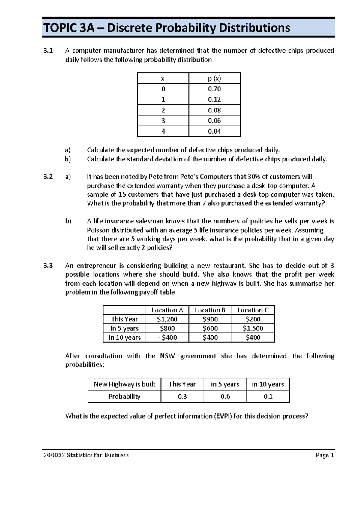 Week 4 - Topic 3A - Lecture notes 3A - 200032 Statistics for Business ...