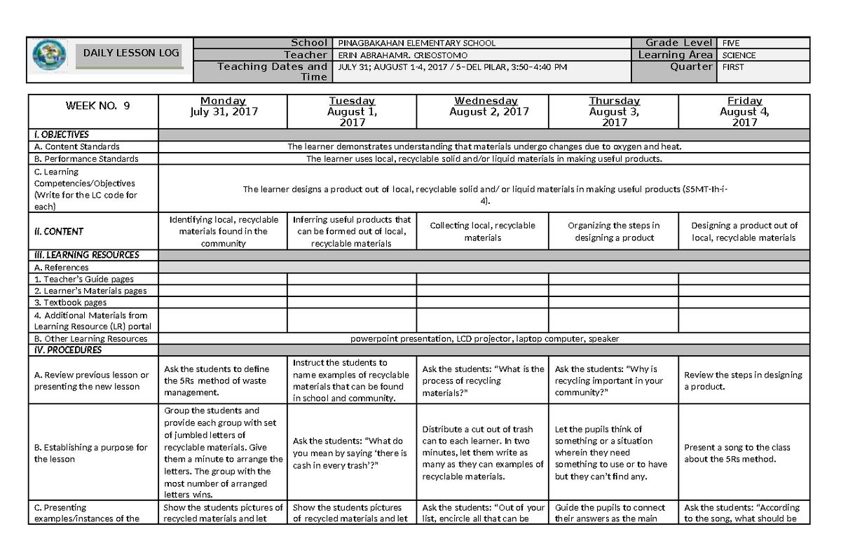 DAILY LESSON LOG: SCIENCE 5 WEEK 9 - Recycling and 5Rs Method - Studocu