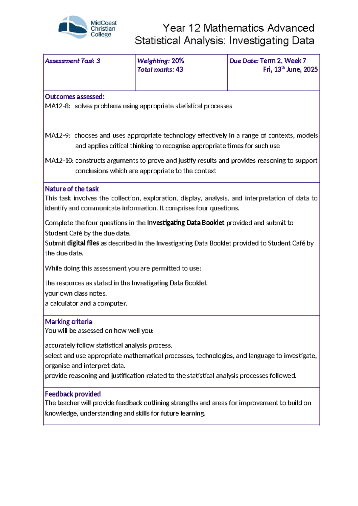 2025 Task 3 - Statistical Investigation - Year 12 Mathematics Advanced ...