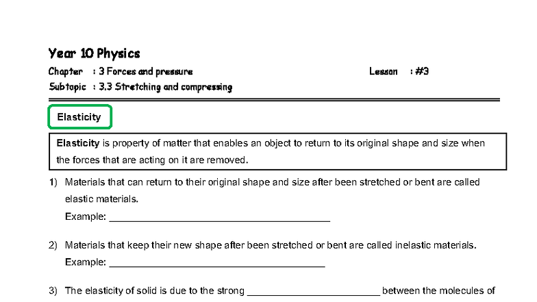 Year 10 Physics Chapter 3: Forces & Pressure - Elasticity Lesson - Studocu