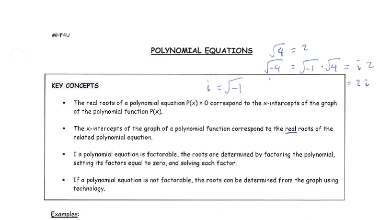 MHF4U Polynomial Equations Key Concepts and Examples - Studocu