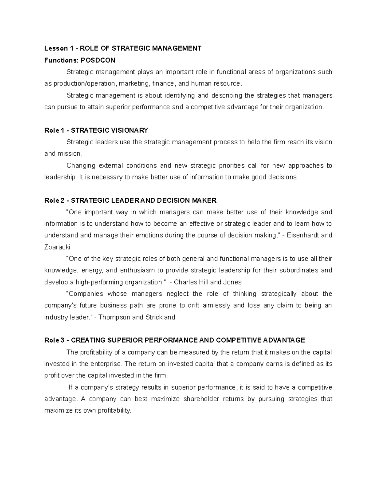 Strategic Management Role Analysis - Unit 1 Overview and Insights - Studocu
