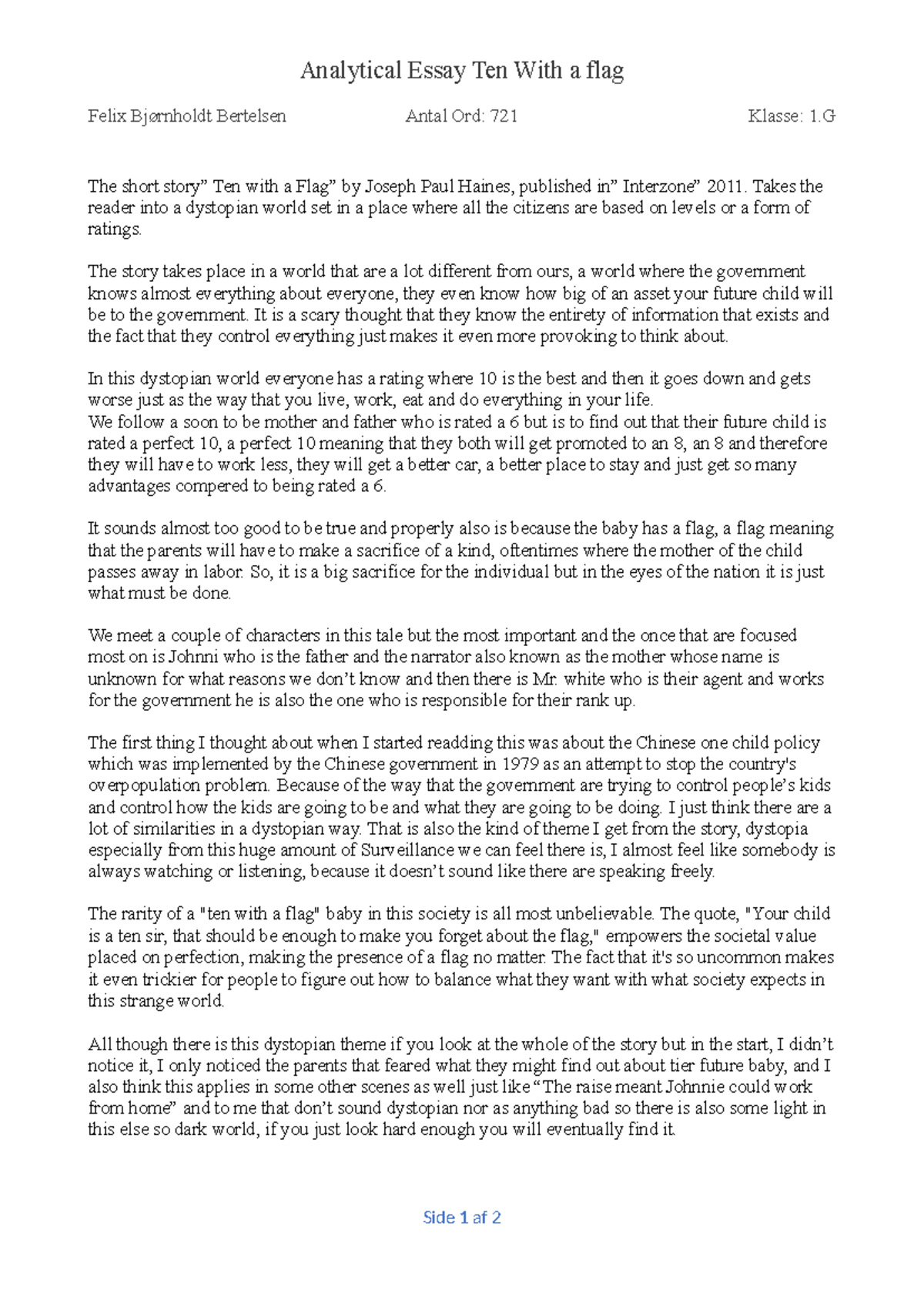Analytical Essay on "Ten With a Flag" (Course Code: 1.G) - Studocu