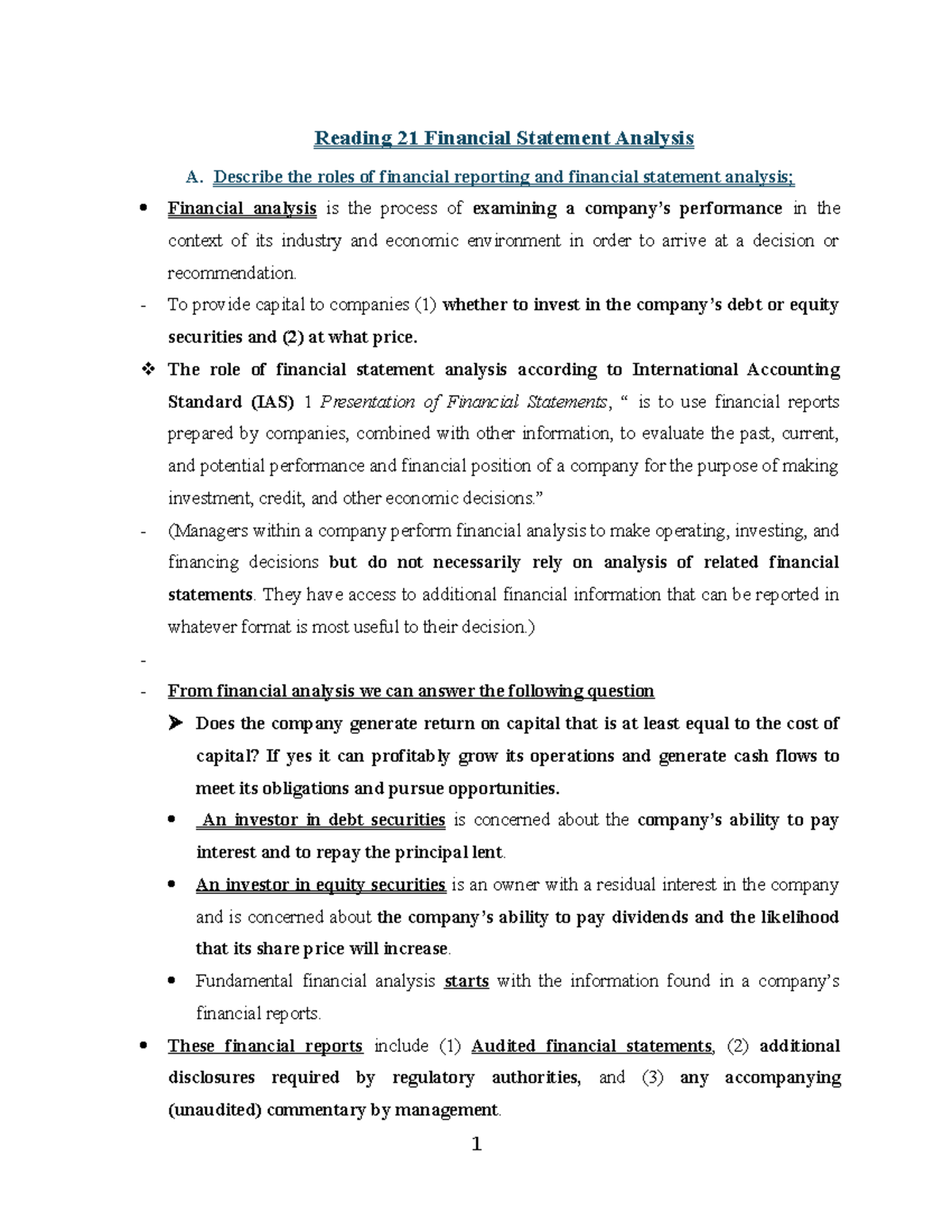 Study Session 6: Lecture 1 - Financial Statement Analysis (Reading 21 ...