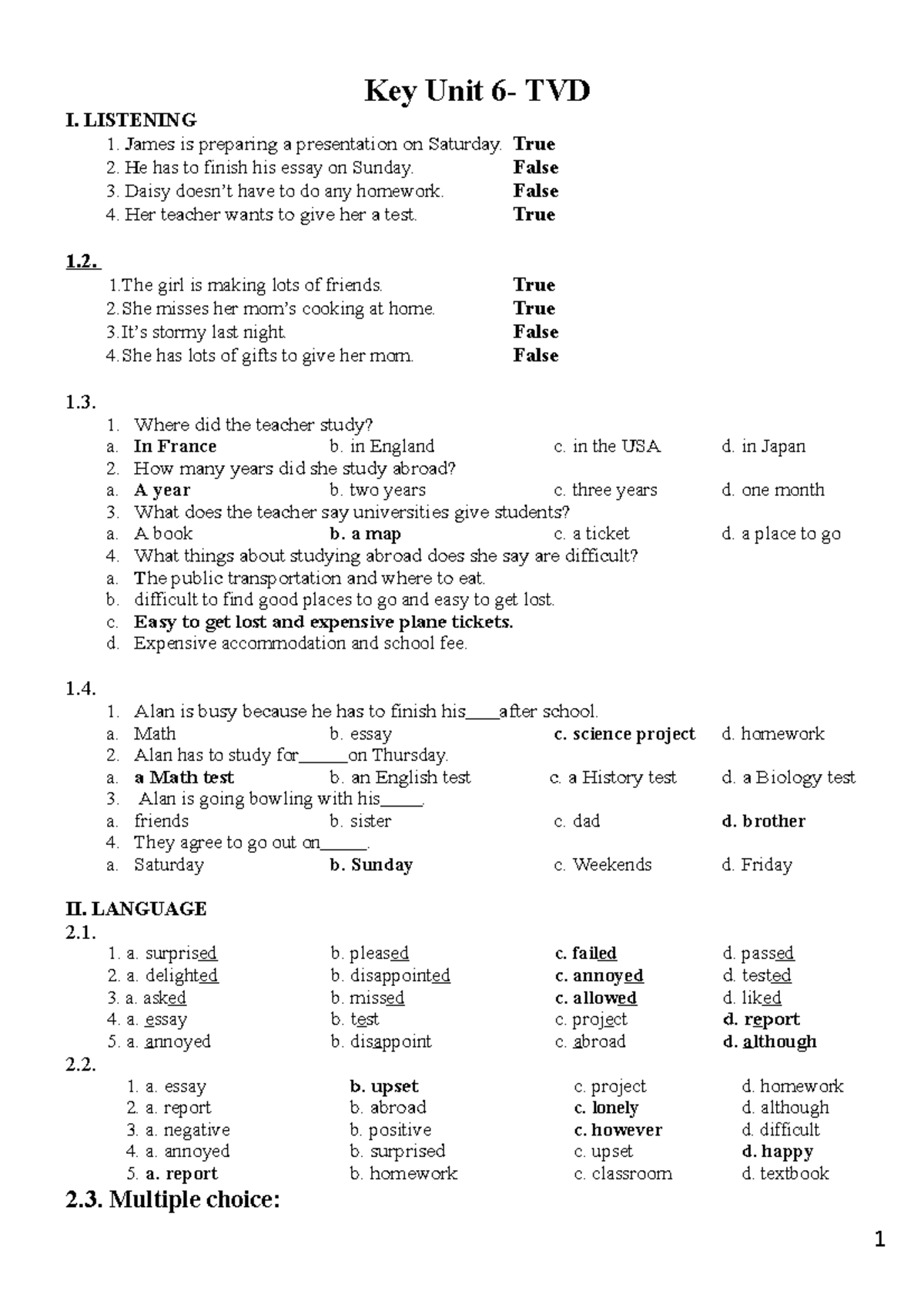 KEY 7 HKII - Đáp án Unit 6 Listening, Language, Reading, Writing - Studocu