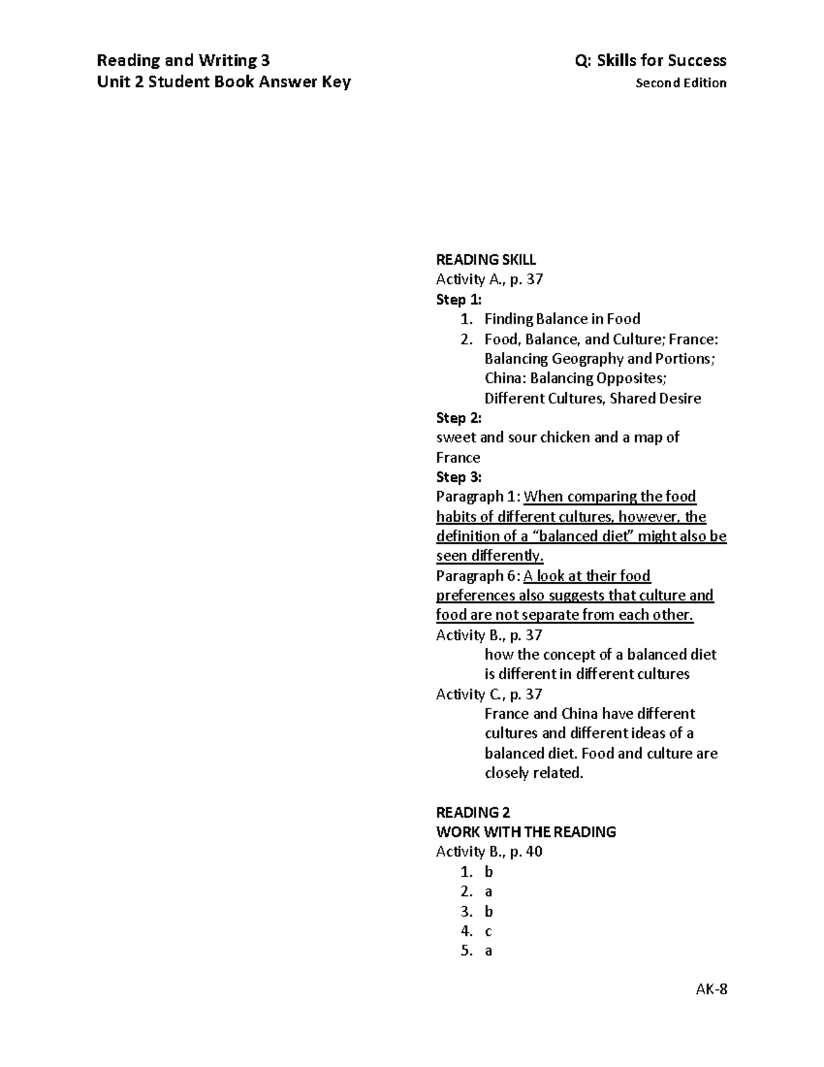 U02 answerkey reading 2 - Reading and Writing 3 Q: Skills for Success ...
