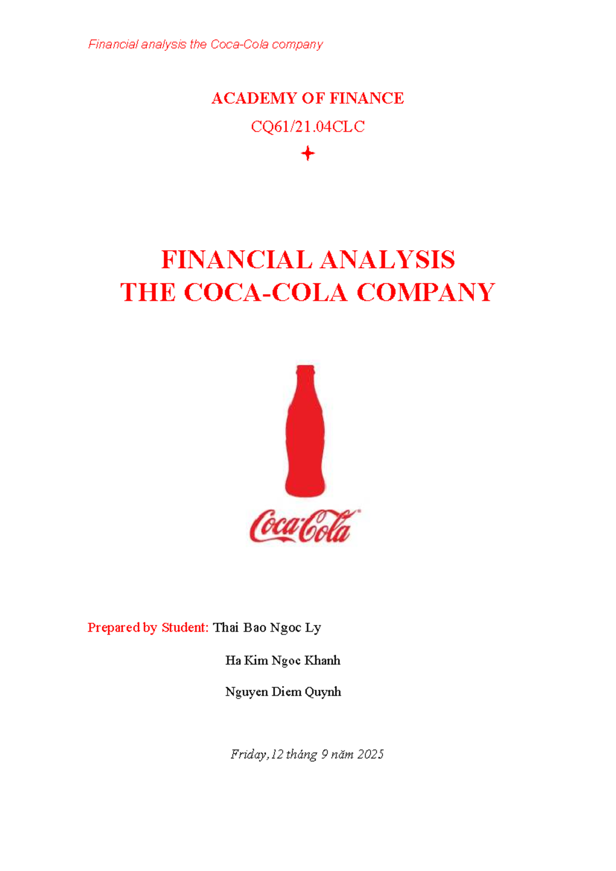 Financial Analysis of Coca-Cola Company: ACADEMY OF FINANCE - Studocu